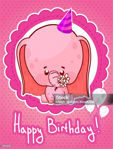 귀여운 만화 코끼리 생일 인사말 카드입니다 공휴일에 대한 스톡 벡터 아트 및 기타 이미지 공휴일 귀여운 꽃 식물 Istock