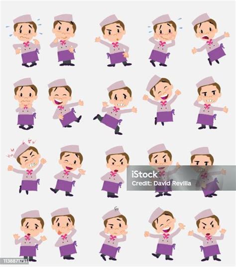 만화 캐릭터 요리사입니다 고립 된 벡터 일러스트에서 다른 활동을 하 고 다른 자세 태도 및 포즈로 설정 합니다 그래프에 대한 스톡 벡터 아트 및 기타 이미지 Istock