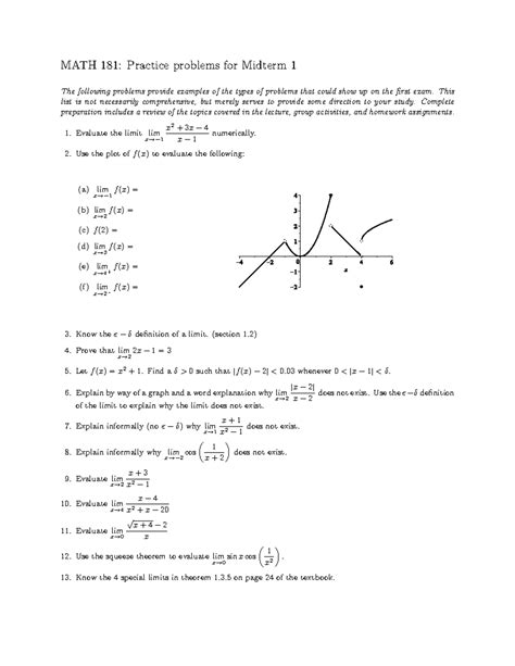 Calculus I Exam 1 Review Math 181 Practice Problems For Midterm 1