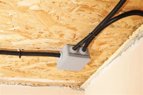Electrical Junction Box Grey Thermoplastic Wiring On Wooden Ceiling Of Room Home Electrical