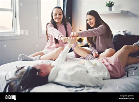 Three Excited Teenager Girls Having Fun Together Enjoying Laze Leisure