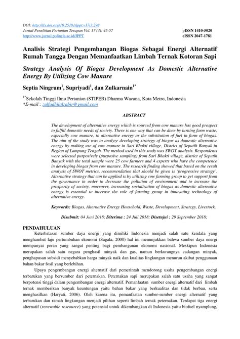 Pdf Analisis Strategi Pengembangan Biogas Sebagai Energi Alternatif
