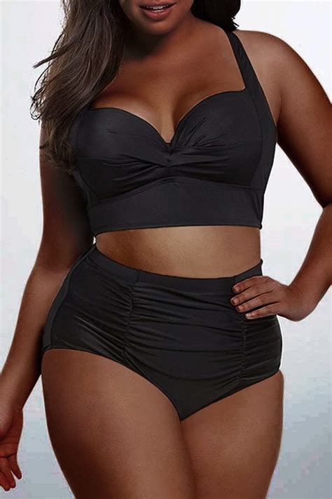 Lovely Casual Basic Black Plus Size Two Piece Swimsuitlw Fashion