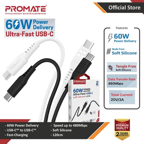 Promate Usb C To C Cable Ultra Fast 60w Power Delivery Cable With Sync