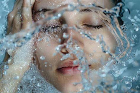 Dynamic Splashes Of Water Envelop The Womans Face As She Folds His