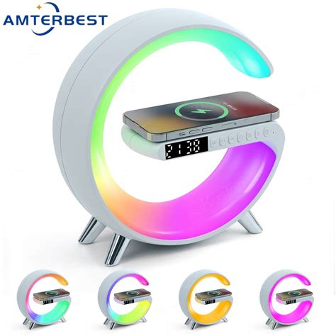 amterbest 무선 블루투스 스피커 led 분위기 rgb 조명 알람 시계 책상 램프 mp3 플레이어 사운드 시스템