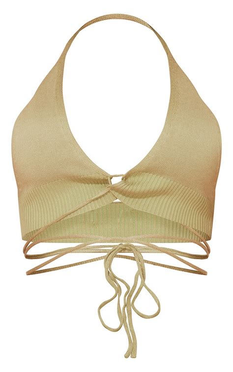 Shape Sage Green Knit Halterneck Lace Up Bralet Prettylittlething