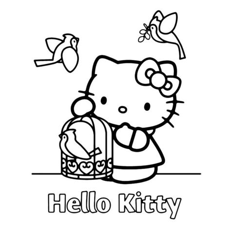 Раскраска Хелло Китти с птичками распечатать или скачать
