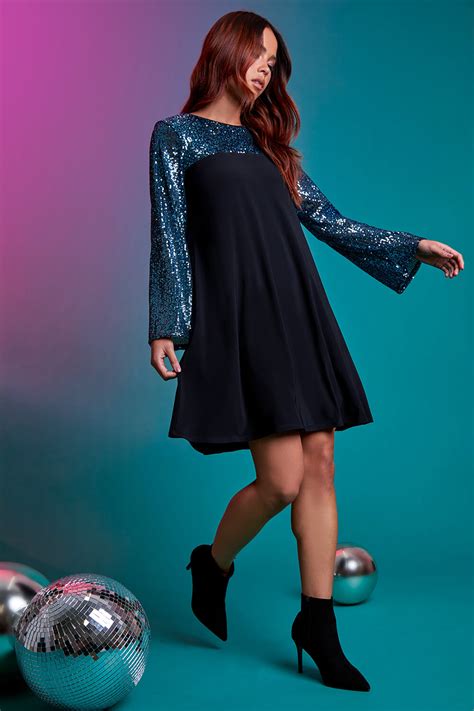 Blue Petite Sequin Shift Stretch Dress Roman Uk