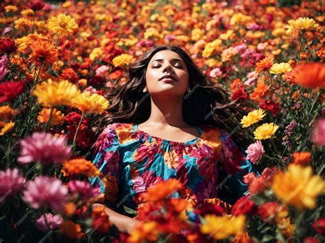 Premium Ai Image Woman Floating In A Field Of Vibrant Flowers