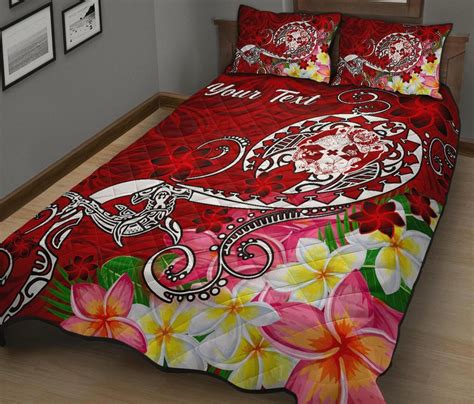 Tonga Custom Personalised Quilt Bed Set Turtle Plumeria Red