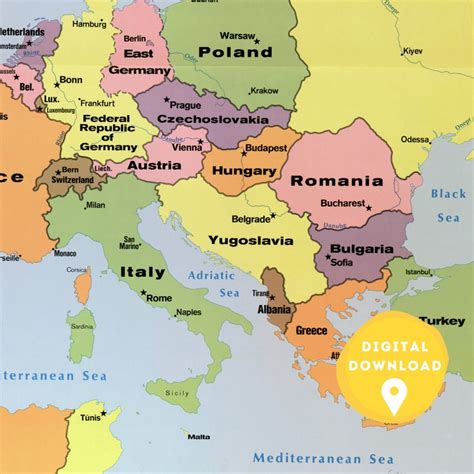 1970s Europe Political Map Vintage Style Wall Art Digital Download