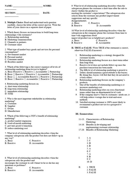 Relationship Marketing Quiz Pdf Marketing Sales