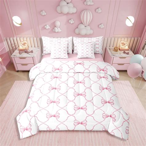Pink Bow Bed In A Bag Cute Bowknot Twin Comforter Set 7 Piece Grids Ribbon Bow Bedding Set