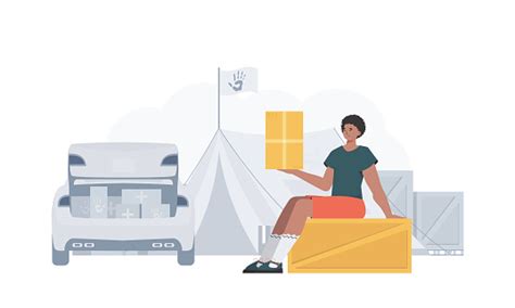 남자는 상자를 들고 있습니다 인도주의적 원조를 받는 캠프 벡터 일러스트레이션 군사에 대한 스톡 벡터 아트 및 기타 이미지