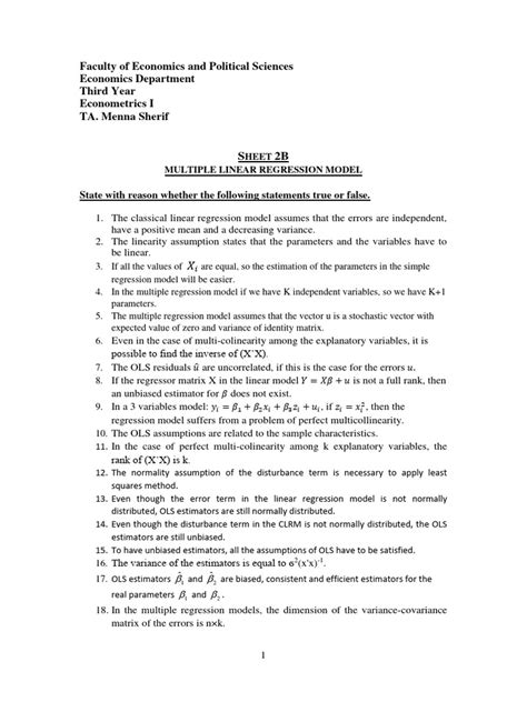 Econometrics Sheet 2b Mr 2024 Pdf Ordinary Least Squares Regression Analysis