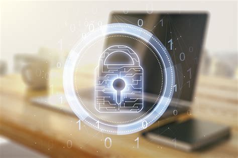 잠금 기호 및 마이크로 회로 일러스트레이션과 배경에 컴퓨터가있는 현대적인 데스크탑이있는 창의적인 아이디어 개념 보호 및 방화벽 개념 다중 노출 0명에 대한 스톡 사진 및