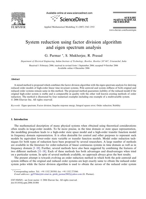 Pdf System Reduction Using Factor Division Algorithm And Eigen