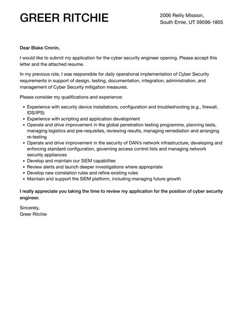 Cyber Security Engineer Cover Letter Velvet Jobs