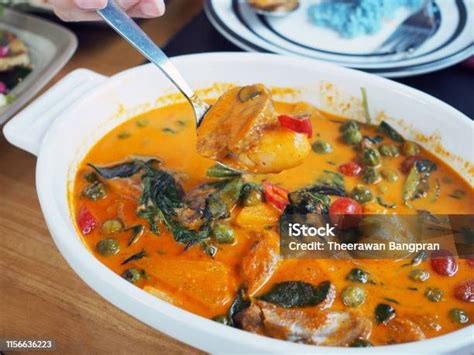 열매 토마토 허브를 곁들인 맛있는 구운 오리와 레드 카레 코코넛 밀크를 화이트 볼에 담아 서빙합니다 돼지고기에 대한 스톡 사진