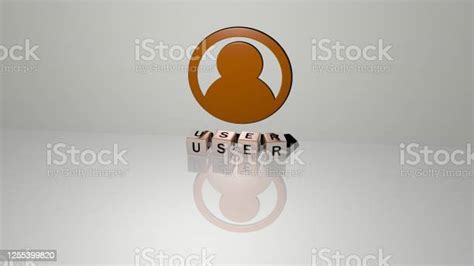 개념 의미 와 슬라이드 쇼 프리젠 테이션을위해 거울 바닥에 금속 입방 문자로 정렬 된 벽과 텍스트에 아이콘이있는 User의 3d 표현 일러스트 및 인터페이스 0명에 대한