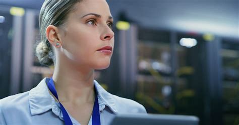 Tablet Woman And Technician Check Server Room For Cloud Computing Or