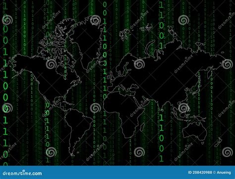 Vector Worldmap And Binary Code On Black Background Stock Vector