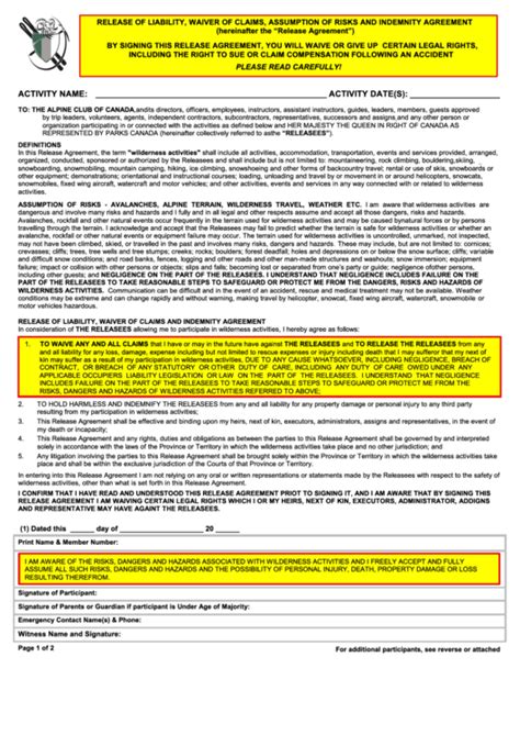 Release Of Liability Waiver Of Claims Assumption Of Risks And