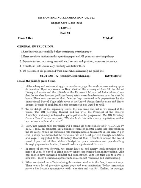 Sample Question Paper English Core Class 11 Term 2 See 2022 Pdf