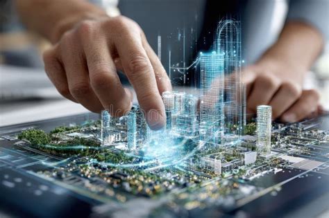 Hands Interact With A Digital City Model Showcasing Urban Planning Concepts Stock Image Image