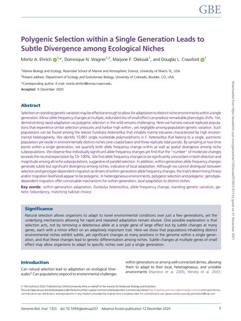 Pdf Polygenic Selection Within A Single Generation Leads To Subtle