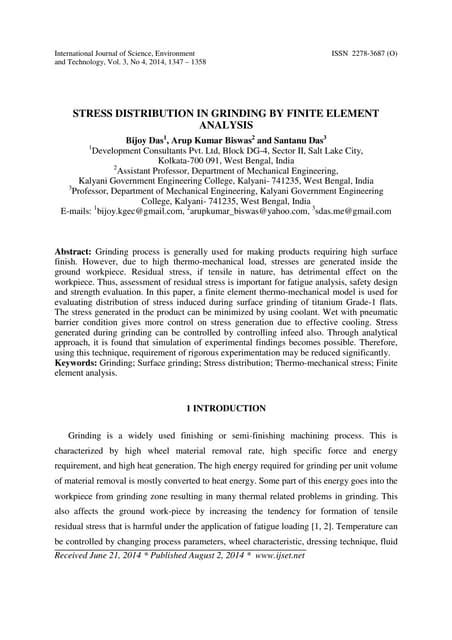 Stress Distribution In Grinding By Finite Element Analysis Pdf