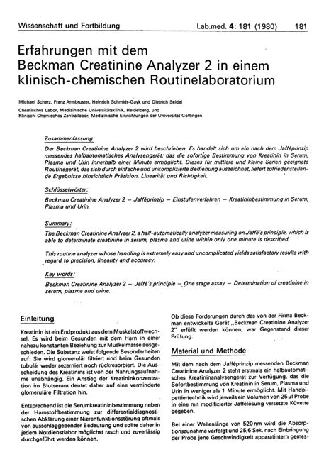 Pdf Erfahrungen Mit Dem Beckman Creatinine Analyzer 2 In Einem Klinisch Chemischen