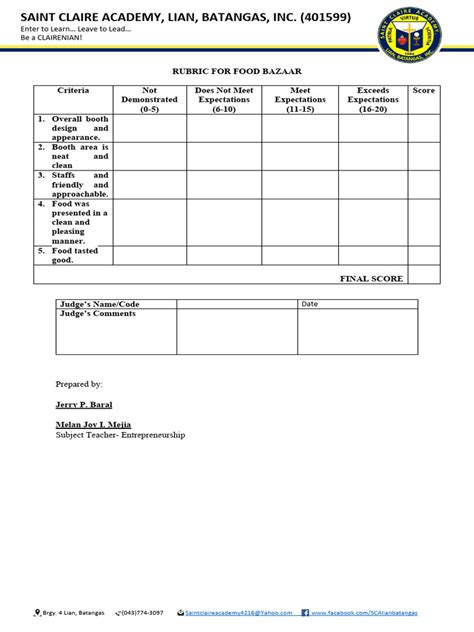 Rubric For Food Bazaar Pdf