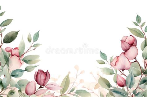 Borde De Marco Floral De Acuarela Con Hojas Y Rosas Stock De