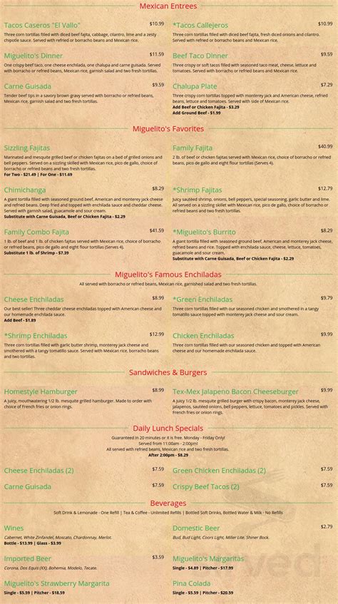 Miguelitos Mexican Grill And Cantina Menus In Carrizo Springs Texas