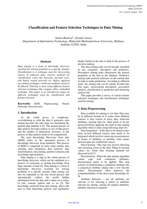 Pdf Classification And Feature Selection Techniques In Data Mining