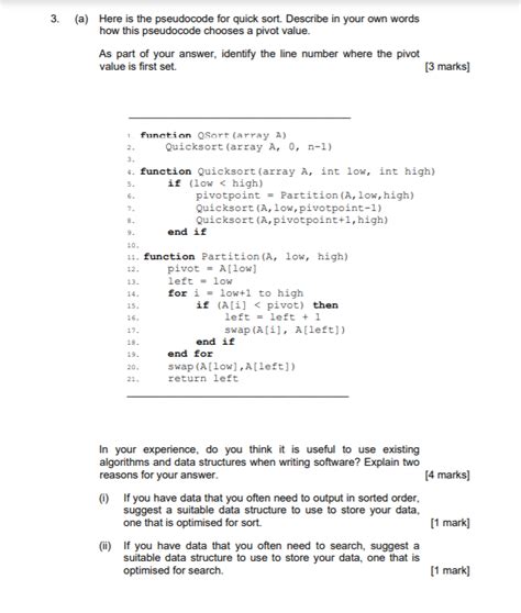 Solved 3 A Here Is The Pseudocode For Quick Sort