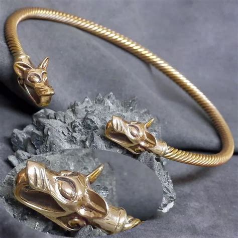 BRONZE WIKINGER HALSREIF Flexibel Torques Wolf Wolfskopf Halsschmuck