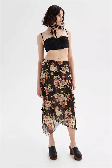 Uo Marisol Black Floral Hanky Hem Midi Skirt Urban Outfitters Uk