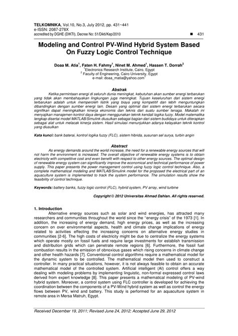 Pdf Modeling And Control Pv Wind Hybrid System Based On Fuzzy Logic Control Technique