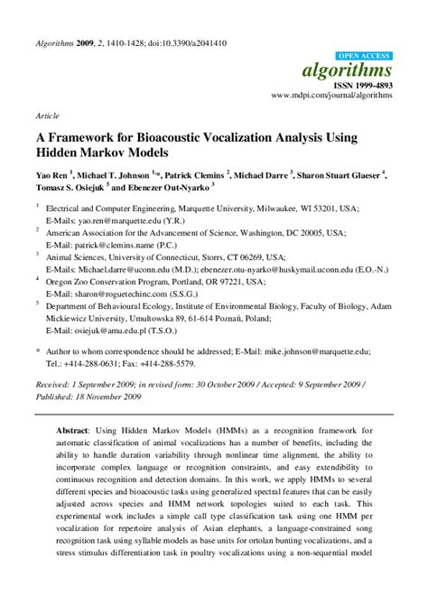 Pdf A Framework For Bioacoustic Vocalization Analysis Using Hidden Markov Models