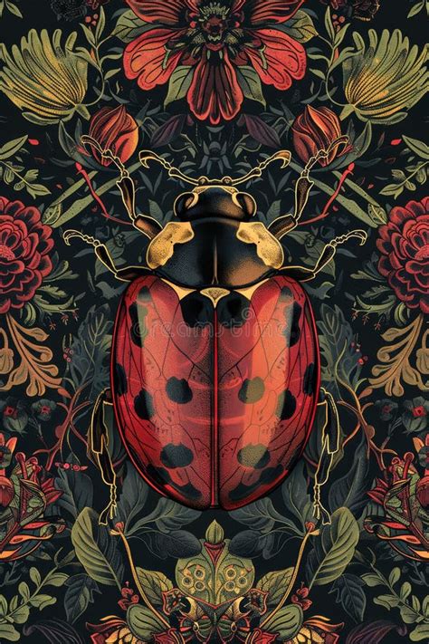 An Elegant Ladybug Illustration With Rich Dark Colors Floral And