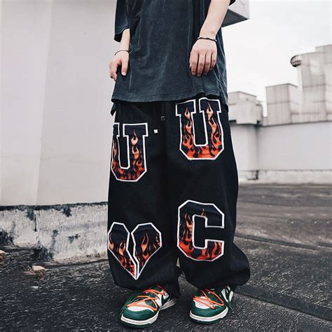 Street Hip Hop Flame Embroidered Loose Straight Jeans Helloice Apparel