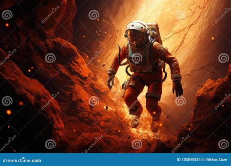 A Fearless Astronaut In A Space Suit Fearlessly Walks Through A Dark And Mysterious Cave An