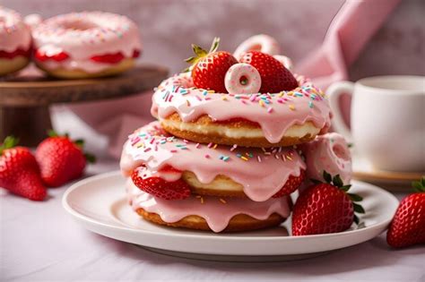 Premium Photo Delectable Delights A Tower Of Fluffy Strawberry Donuts