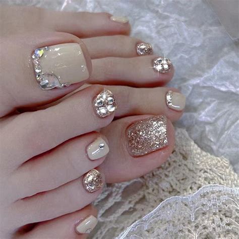 White Press On Toenails Gold Glitter Rhinestone Design