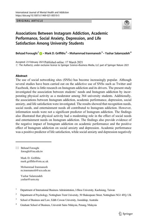 Pdf Associations Between Instagram Addiction Academic Performance