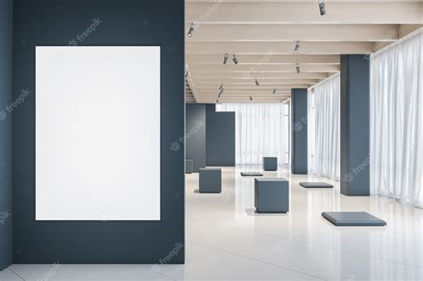 현대적이고 세련된 빈 전시장 전경의 회색 벽에 있는 빈 흰색 포스터 대리석 바닥과 큰 창문 프레젠테이션 개념 3d 렌더링 모의 프리미엄 사진