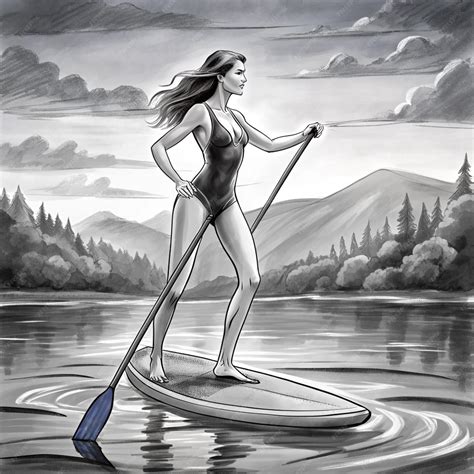 A Drawing Of A Woman Paddle Boarding In A Black And White Drawing